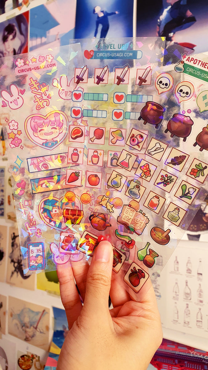 Transparent sticker sheet (rainbow holo) | Apothecary sim – whiterabbitcafe